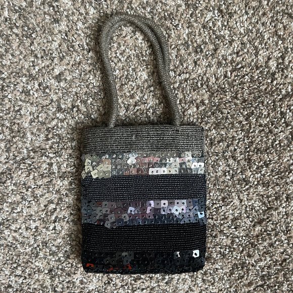 Bags | Vintage Beaded Sequin Evening Bag Purse Wsnap Closure Black Grey ...